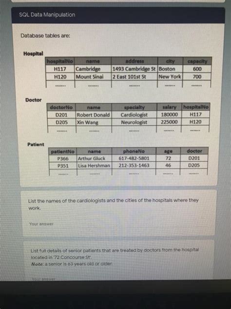 solved sql data manipulation database tables are hospital
