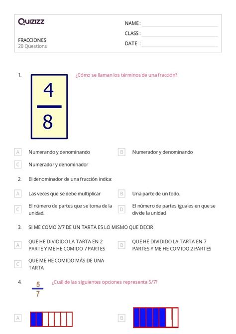 Fracciones Como Partes De Un Todo Hojas De Trabajo Para Grado En Quizizz Gratis E Imprimible