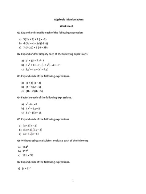 Algebraic Expressions And Factorisation Worksheet 1 Pdf