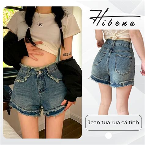 Quần Short Jean Nữ Cạp Cao Sooc đùi Bò Vải Denim Ngắn Tua Rua Gấu Xanh