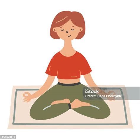 연꽃 자세로 명상하는 손으로 그린 소녀 명상 낙서 아이콘 마음 챙김을 연습하는 여성의 벡터 일러스트 레이 션 Mental