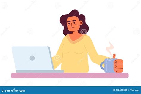 Female Freelance Programmer With Laptop And Cup Semi Flat Color Vector