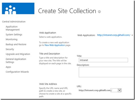 create a web application and site collection in sharepoint 2013 preview