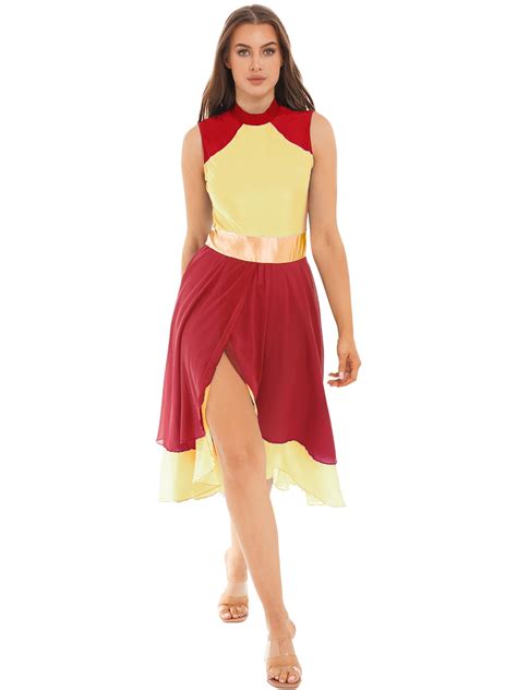 Doomiva Women Praise Dance Dress Color Block Sleeveless Asymmetrical