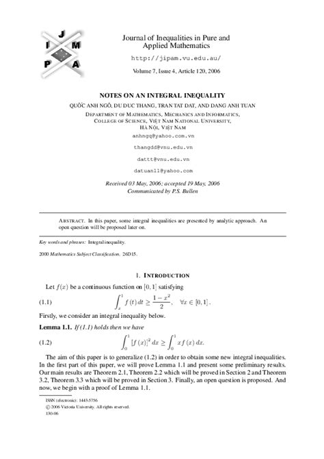 Pdf Notes On An Integral Inequality