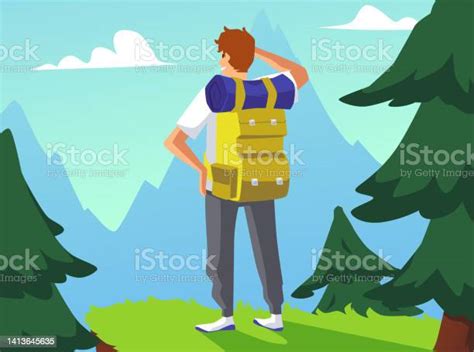 산에서 배낭 하이킹을하는 사람 산을 보는 사람 자연 플랫 벡터 일러스트레이션 개념에 대한 스톡 벡터 아트 및 기타 이미지
