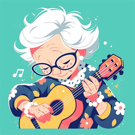 Premium Vector White Elderly Woman Learning To Play The Ukulele
