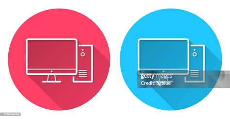 Desktop Computer Round Icon With Long Shadow On Red Or Blue Background