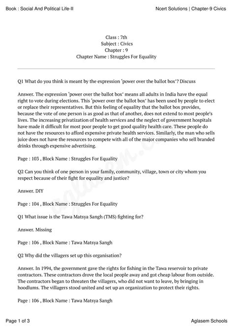 Ncert Solutions Class 7 Social Science Civics Chapter 9 Struggles For Equality