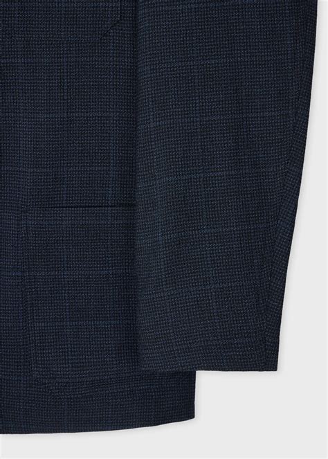 Mens Navy Check Stretch Wool Patch Pocket Blazer