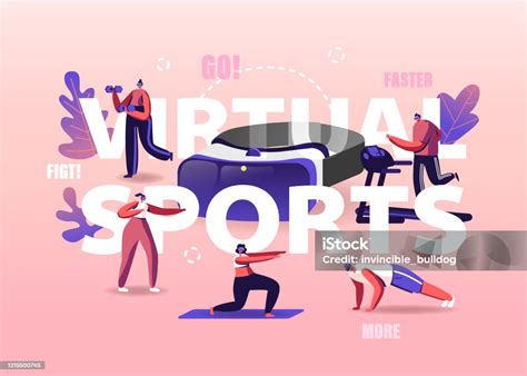 사람들은 가상 현실 개념을 사용합니다 디딜 방아 싸움 푸시 업 증강 현실 스포츠 운동 포스터 배너 전단지에 운동 Vr 고글을 착용 작은 문자 만화 벡터 일러스트레이션