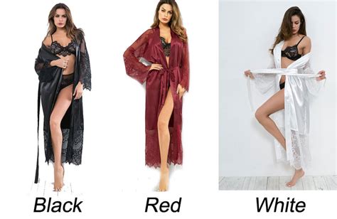Sexy Hollow Flower Lace Silk Long Sleeve Sheer Gown Dress Bathrobes