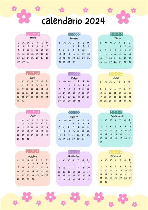Documento A4 Calendario 2024 Infantil Colorido Pastel Plantillas De