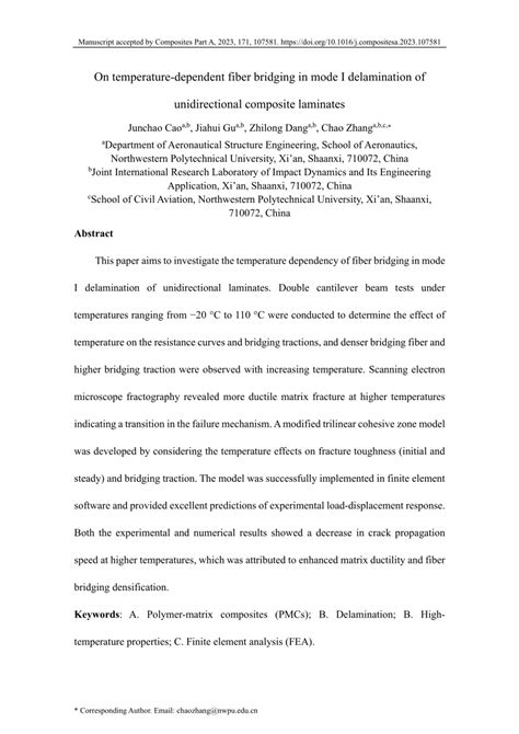 Pdf On Temperature Dependent Fiber Bridging In Mode I Delamination Of Unidirectional Composite