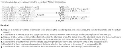 Solved A Prepare A Materials Variance Information Table