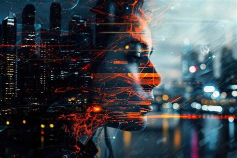 Premium Photo Futuristic Cityscape Fusion With Human Silhouette In