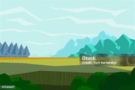 높은 산과 숲이있는 그린 필드 하늘 배경에 구름 플랫 디자인 추상 풍경 다각형 풍경 일러스트 미니멀 한 스타일 벡터 배너 0명에 대한 스톡 벡터 아트 및 기타 이미지