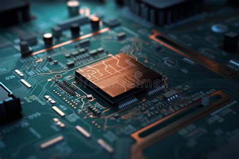a close up of a cpu chip on top of a printed circuit board stock