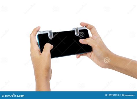 Close Up Gamer S Hand With Metal Trigger For Controller Mobile Gamepad Fire Button On White