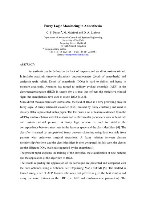 Pdf Fuzzy Logic Monitoring In Anaesthesia