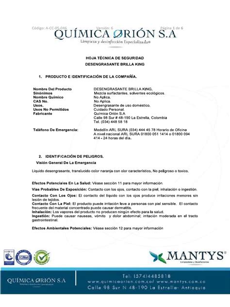 Hds Desengrasante Brilla King 500 Ml Pdf