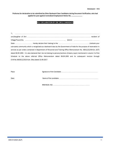 Proforma For Declaration To Be Submitted By Obc Candidates During