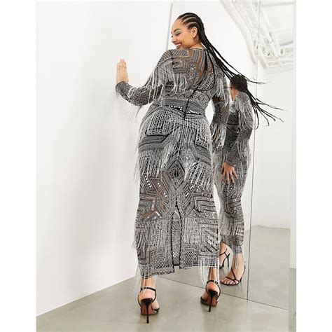 Asos Edition Curve Vestito Midi Fasciante Nero Con Frange Perline E