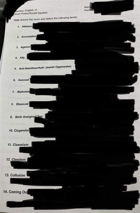 Goshen HS English Assignment Has Babes Define Bisexual Asexual Birth Assigned Sex More