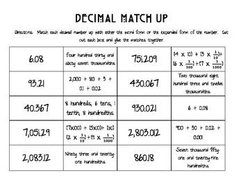 Decimal Match Up By M Holman TPT