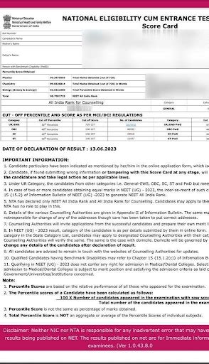 Neet Result 2024 Score Card Link Download Cut Off Merit List