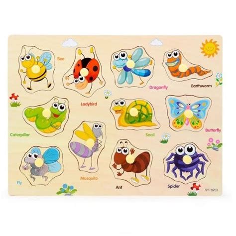 Образователна игра тип Пъзел Дървени насекоми с дръжка Emag Bg