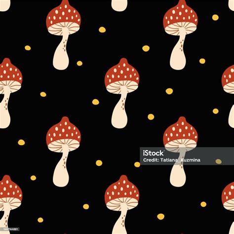 버섯 패턴 어두운 배경에 귀여운 만화 숲 비행 Agaric이 있는 가을 매끄러운 벡터 인쇄 가을에 대한 스톡 벡터 아트 및 기타