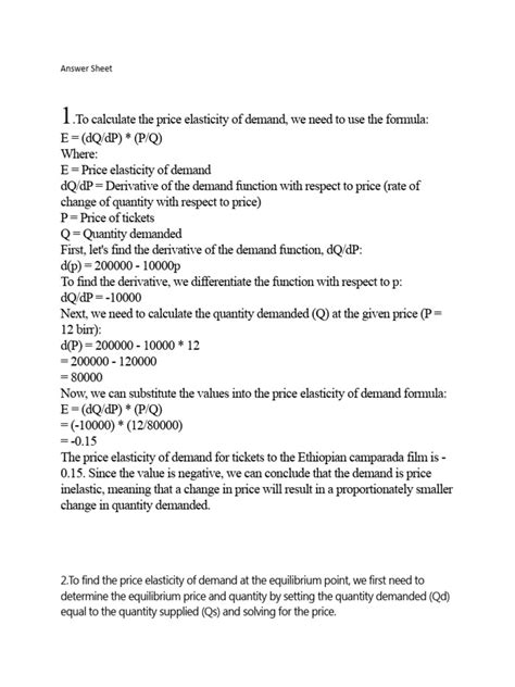 Assignment Answer Sheet Pdf Demand Elasticity Economics