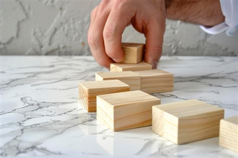 Man Building Steps With Wooden Blocks On Light Gray Premium AI Generated Image