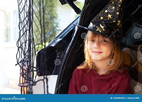 Girl Red Hair Wearing Witch Hat Celebrating Halloween Car Trunk Stock