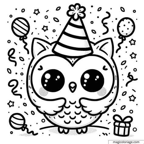 Coloriage de hibou kawaii avec un chapeau de fête à imprimer