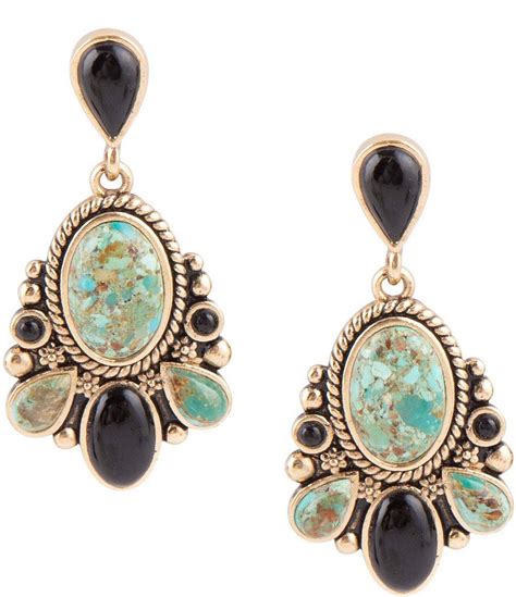 Barse Barcelona Blue Turquoise And Black Onyx Post Drop Golden Earrings