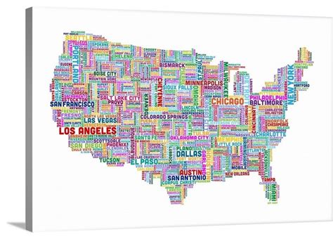 United States Cities Text Map Multicolor On White Wrapped Canvas Art