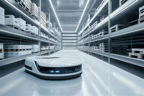 Clean Warehouse With Organized Shelves Where Smart Robots Are Working