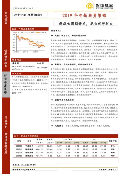 2019年电新投资策略：新成长周期开启，龙头优势扩大