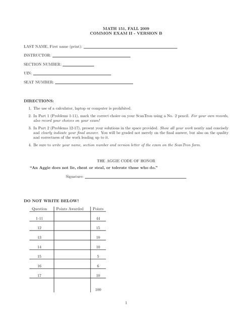 Math 151 Fall 2009 Exam Ii Version B Multiple Choice And Work Out