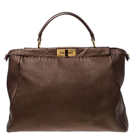 Fendi Metallic Brown Selleria Leather Large Peekaboo Top Handle Bag