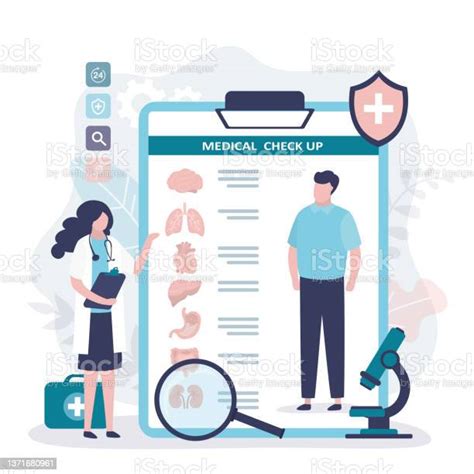 의사는 의료 카드에 환자의 분석을 검사합니다 남자는 내부 장기의 검사를 받았다 의사에 대한 스톡 벡터 아트 및 기타 이미지