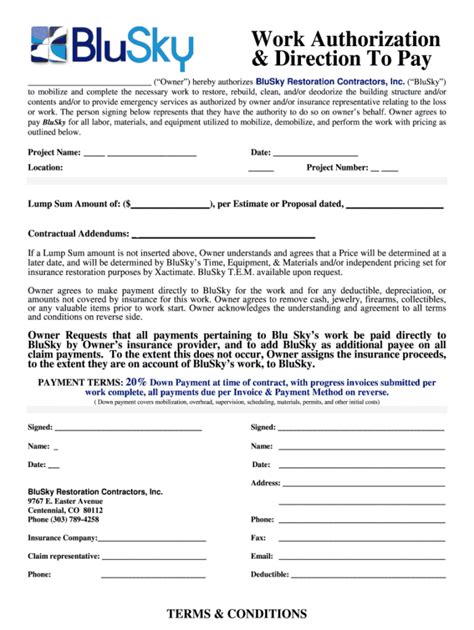 Contractor Work Authorization Form Template