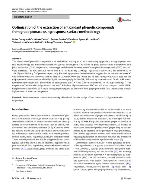 Pdf Optimization Of The Extraction Of Antioxidant Phenolic Compounds
