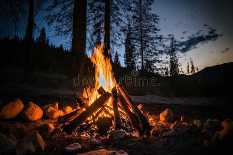 Campfire In The Woods Warm Atmosphere Inside The Forest Late At Night