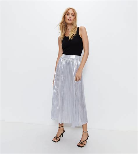 Buy Warehouse Metallic Lame Pleated Midi Skirt In Silver 6thstreet Kuwait