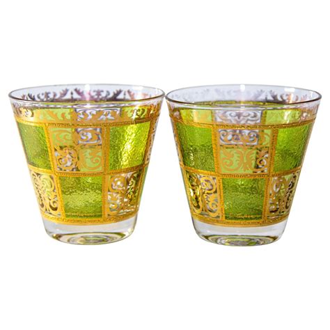 Vintage Culver Barware Cocktail Set Green And Gold Rock Glasses And Ice