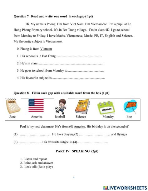 Ki M Tra Ti Ng Anh L P Hk Worksheet