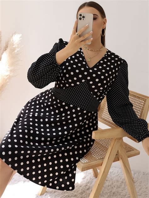 Plus Polka Dot Lantern Sleeve Dress Plus Size Dresses Lantern Sleeve